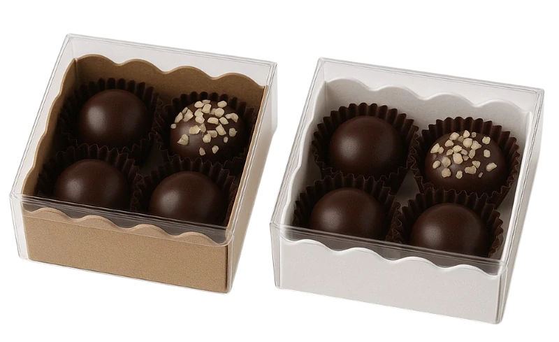 Krabička s průhledným víkem na 4 pralinky bílá a přírodní 6x6x2,5 cm ...